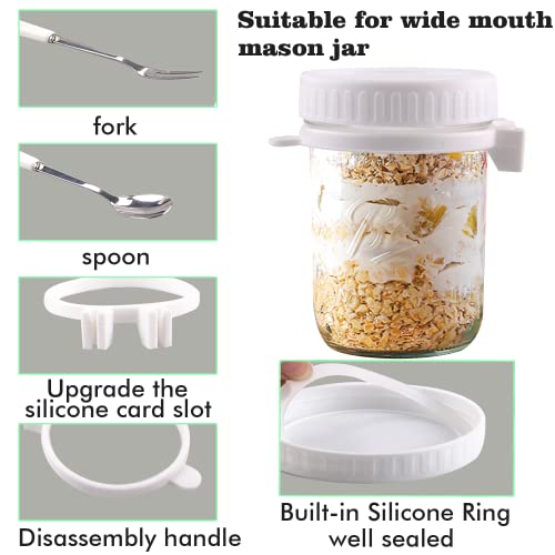 Overnight Oatmeal jars,4 piece set Overnight Oats Containers,with Lids and Pickle Fork ,spoon。16 oz Glass Mason Overnight Oats Jars ,Suitable for Cereal,oats, milk, cereal,fruit