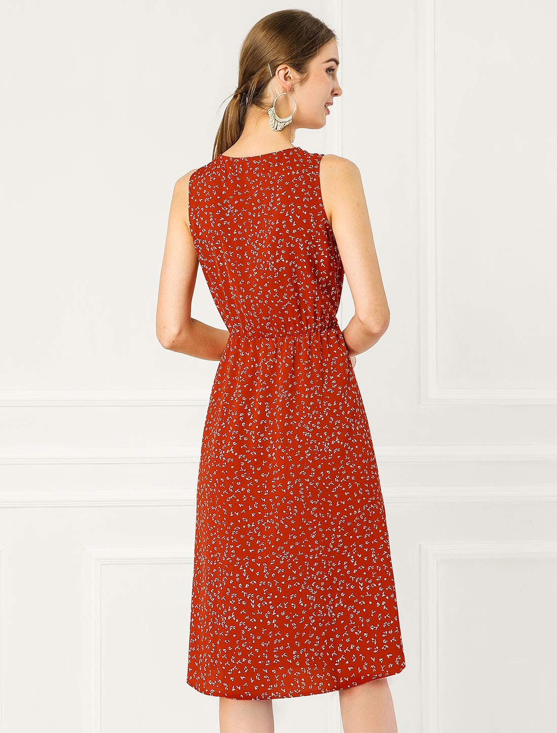 Allegra K Women's Sleeveless Split Neck Drawstring Waist Casual Floral Midi Dress X-Large Red