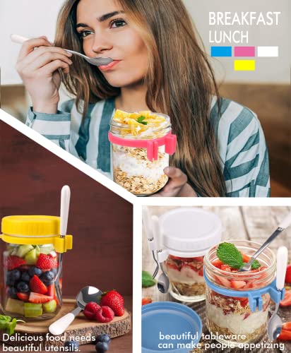 Overnight Oatmeal jars,4 piece set Overnight Oats Containers,with Lids and Pickle Fork ,spoon。16 oz Glass Mason Overnight Oats Jars ,Suitable for Cereal,oats, milk, cereal,fruit