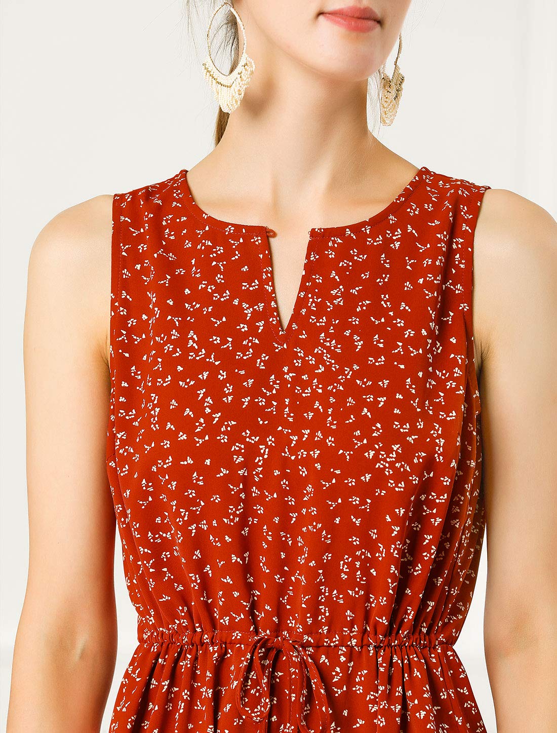 Allegra K Women's Sleeveless Split Neck Drawstring Waist Casual Floral Midi Dress X-Large Red
