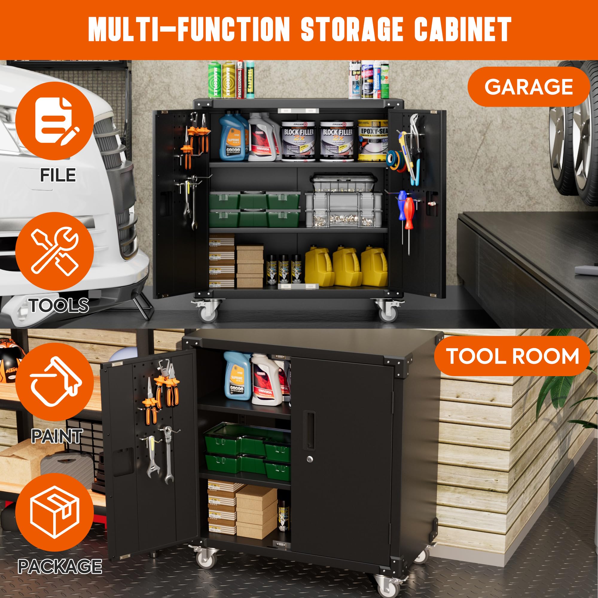 SUPEER Metal Storage Cabinet with Wheels,Rolling Storage Cabinet with 2 Doors and Adjustable Shelves,Suitable for Garage,Home,Office,Gym,School-Assembly Required,Black