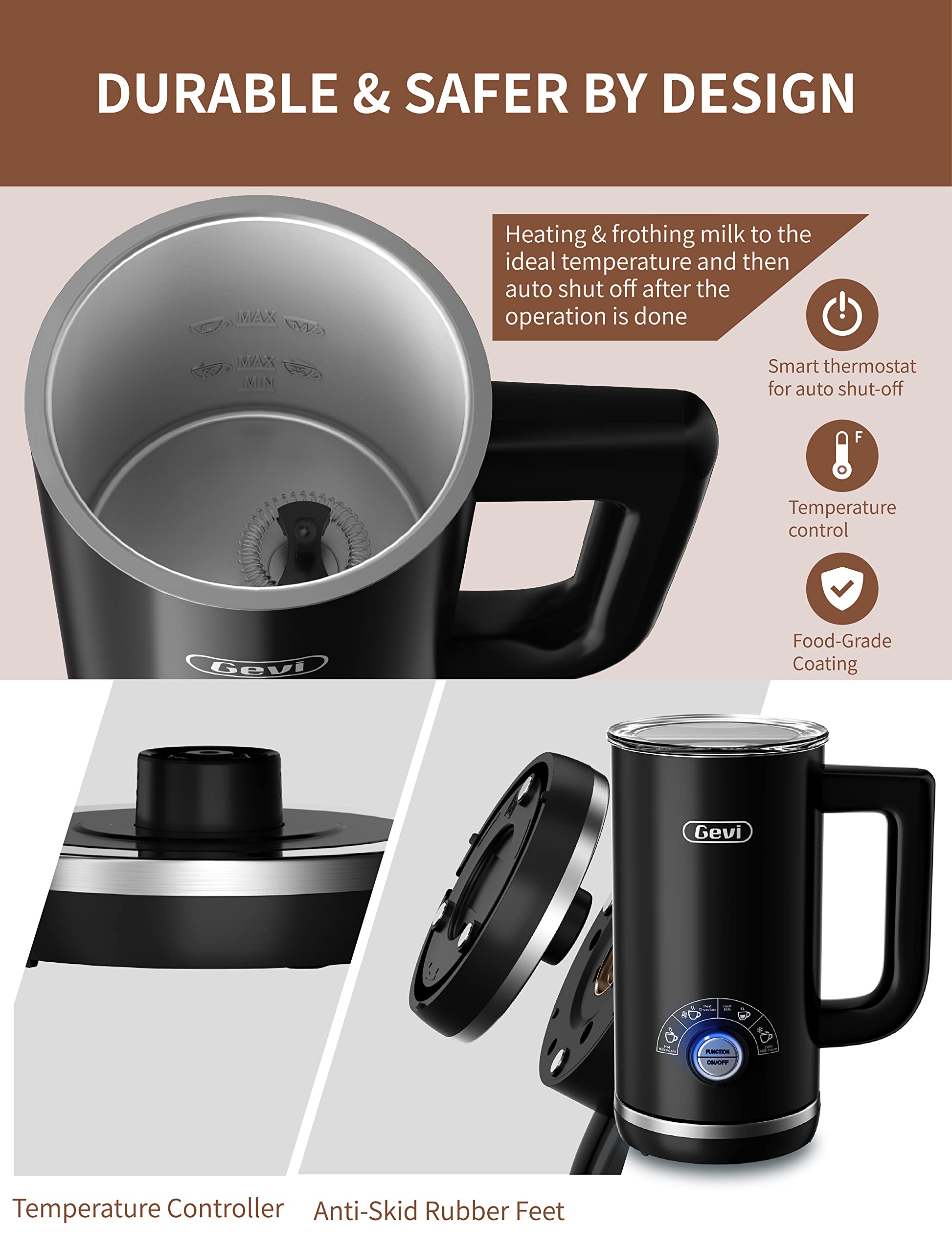 Gevi 4-in-1 Automatic Electric Milk Frother, Steamer & Warmer, 150ml, Black, Stainless Steel