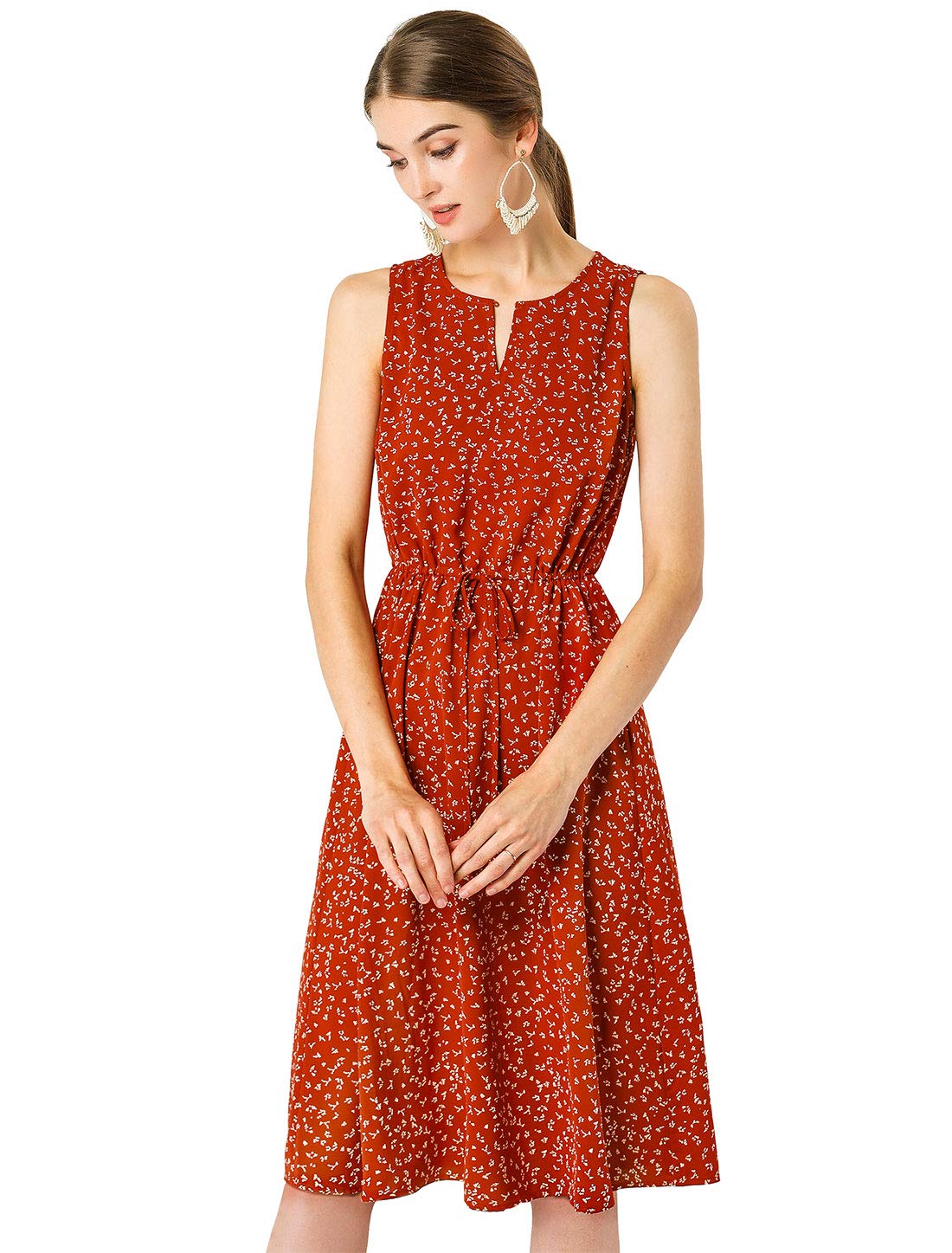 Allegra K Women's Sleeveless Split Neck Drawstring Waist Casual Floral Midi Dress X-Large Red