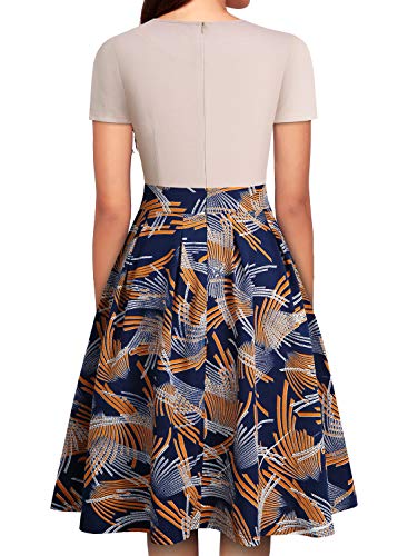 YATHON Women's Vintage Floral Flared A-Line Swing Casual Party Dresses with Pockets (M, YT018-Beige Firework)