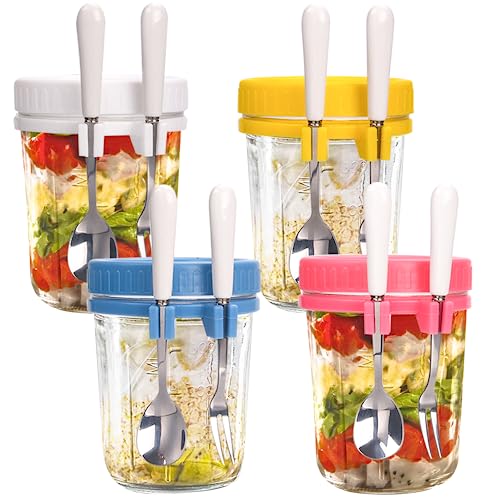 Overnight Oatmeal jars,4 piece set Overnight Oats Containers,with Lids and Pickle Fork ,spoon。16 oz Glass Mason Overnight Oats Jars ,Suitable for Cereal,oats, milk, cereal,fruit