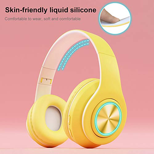 Heave Bluetooth 5.0 Wireless Headphones with LED Lights,3.5 mm Jack Stereo Over-Ear Headset with Noise Canceling Mic/Comfy Earpad,Support TF Card for Kids,Adult Online Class,Gaming Yellow