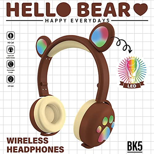 Dengofng Bear Ear Headphones ABS Noise Cancelling Bear Shaped Over Ear LED Light Up Bluetooth Headphone Cute Bear Ear Wired Girls Headphones