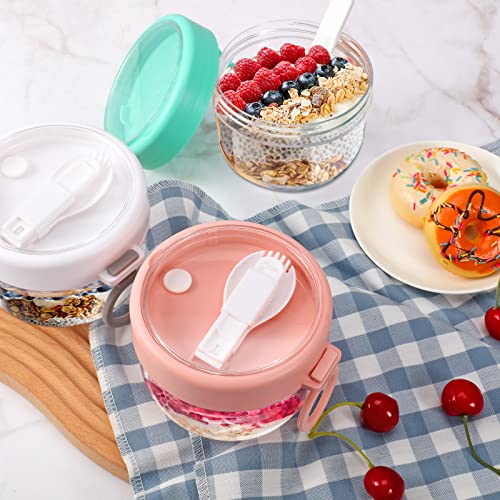 Rtteri 3 Pcs 20 oz Large Overnight Oats Containers with Lids and Spoons Plastic Yogurt Jars Leakproof Overnight Oats Jars with Lids Smoothie Containers Cups for Food Storage, 3 Colors