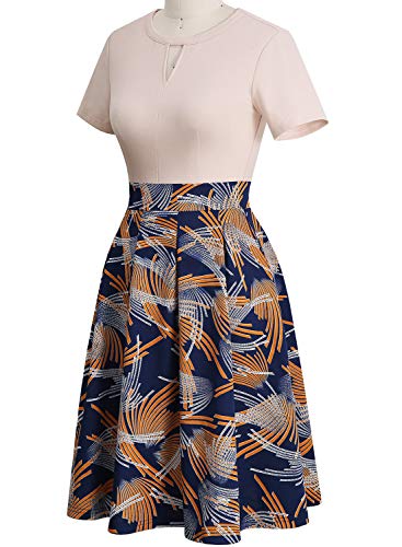 YATHON Women's Vintage Floral Flared A-Line Swing Casual Party Dresses with Pockets (M, YT018-Beige Firework)