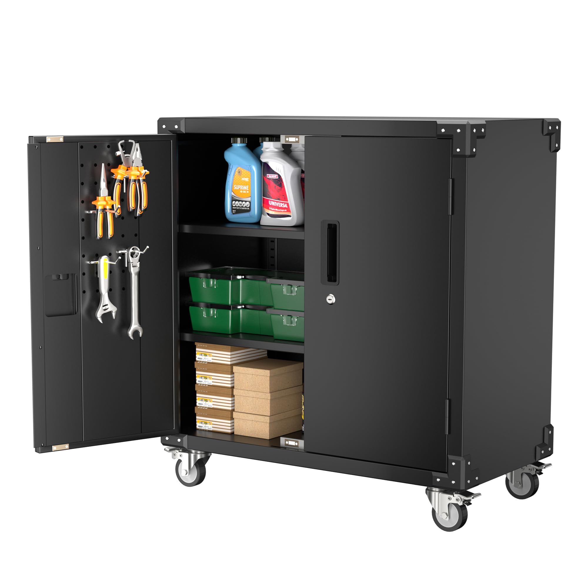 SUPEER Metal Storage Cabinet with Wheels,Rolling Storage Cabinet with 2 Doors and Adjustable Shelves,Suitable for Garage,Home,Office,Gym,School-Assembly Required,Black