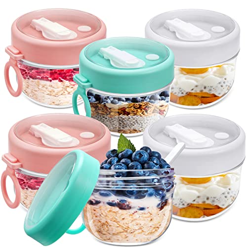 Rtteri 3 Pcs 20 oz Large Overnight Oats Containers with Lids and Spoons Plastic Yogurt Jars Leakproof Overnight Oats Jars with Lids Smoothie Containers Cups for Food Storage, 3 Colors