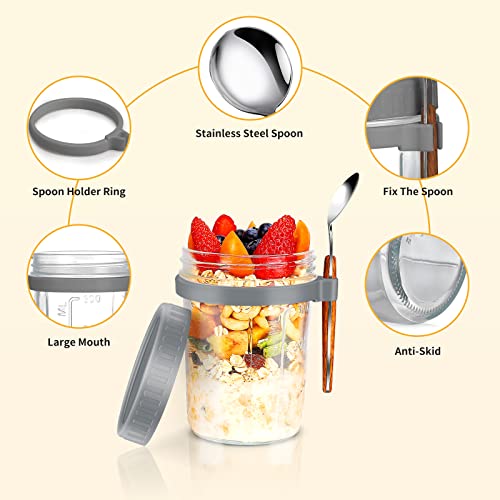 Bupto 4 Pack Overnight Oats Containers with Lids and Spoons, 16 oz Airtight Overnight Oats Jars with Measurement Marks Salad Jars for Cereal Milk Yogurt Vegetable Fruit(2 white + 2 grey)
