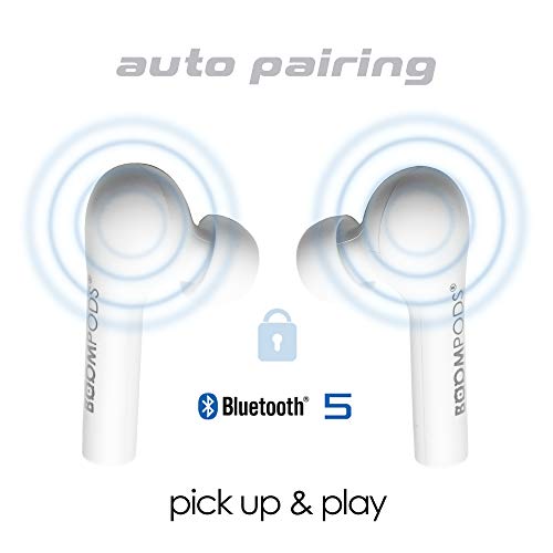BoomPods Bassline True Wireless Earbuds - Bluetooth in-Ear Headphones, Water/Sweat Resistant, Compact Travel Charging Case, Instant Connection, TWS (White)