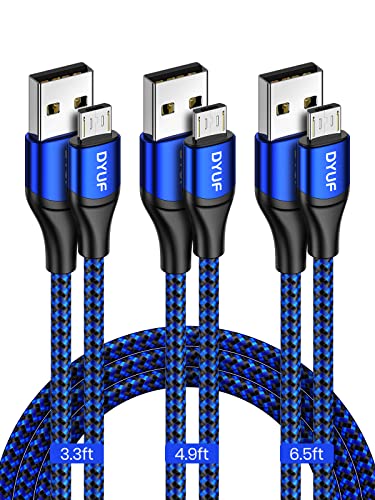 DYUF Micro USB Cable,Android Charger Cable, [3PCS 3.2ft 4.9ft 6.5ft] 3.1A Fast Charger Cord, Blue Braided USB Cable, Compatible with Samsung Galaxy S7 Edge S6 S5, Android Phone, etc
