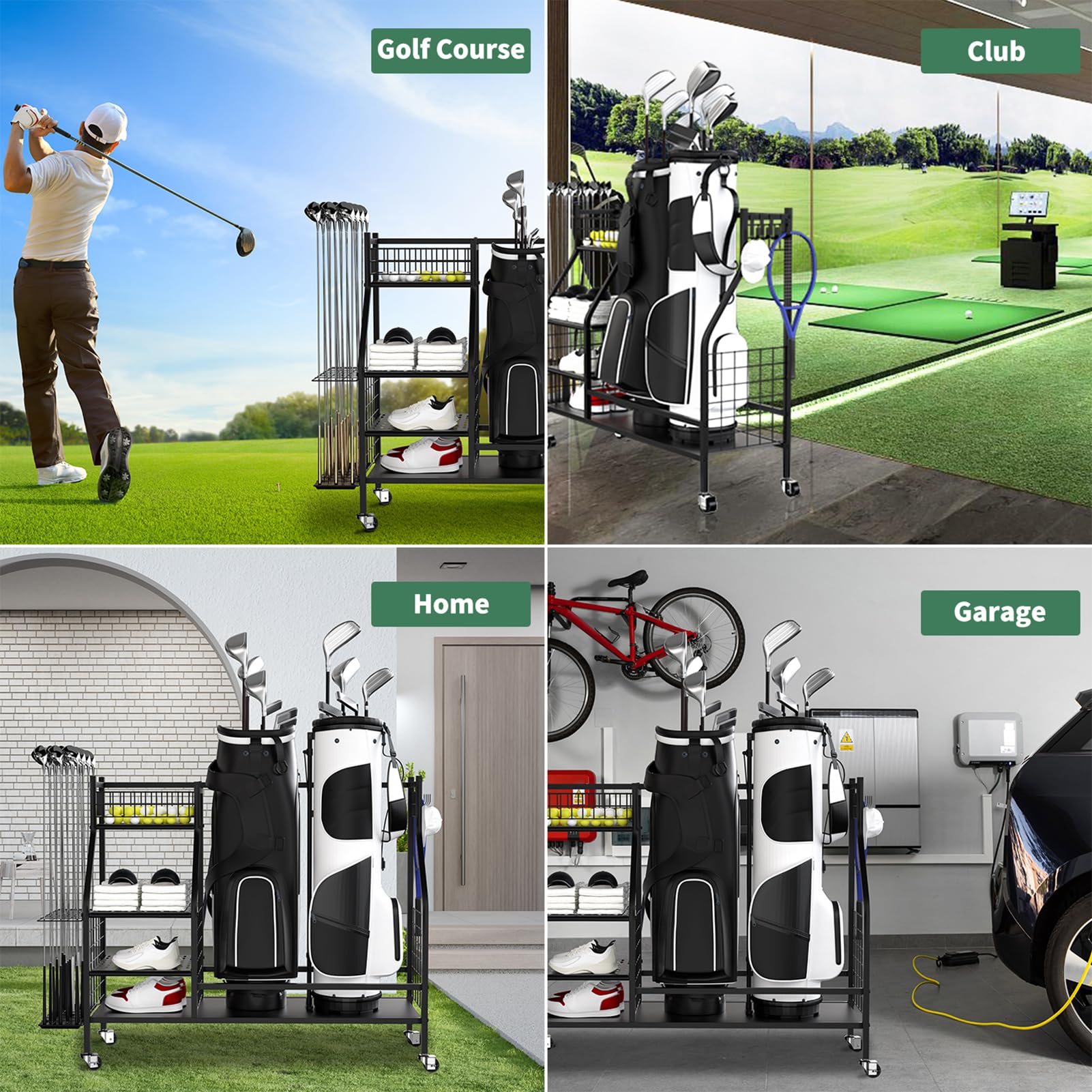HoneySky Golf Storage Organizer for Garage, Double Golf Bag Stand Storage Rack with Lockable Wheels, Extra Large Golf Organizer for Golf Clubs and Golf Accessories, Ideal Gifts for Golfer