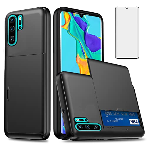Asuwish Phone Case for Huawei P30 Pro with Tempered Glass Screen Protector and Credit Card Holder Wallet Cover Hard Hybrid Cell Accessories Hawaii P30Pro P 30 Pro30 Women Men Black