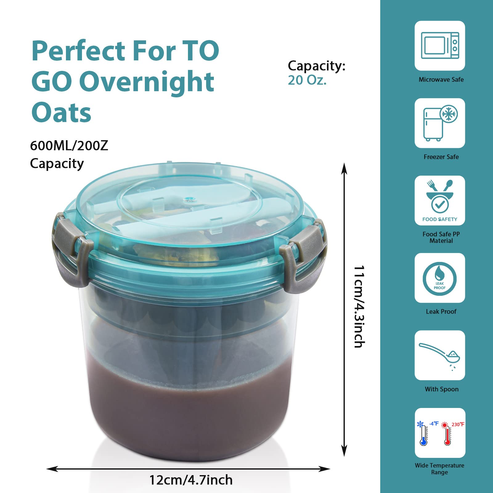 Overnight Oats Containers with Lids Set of 2,20OZ Overnight Oats Jars,Leakproof Food Storage Containers for Oatmeal,Yogurt with Spoon,Cereal Milk Breakfast On The Go Cups,Meal Prep Container