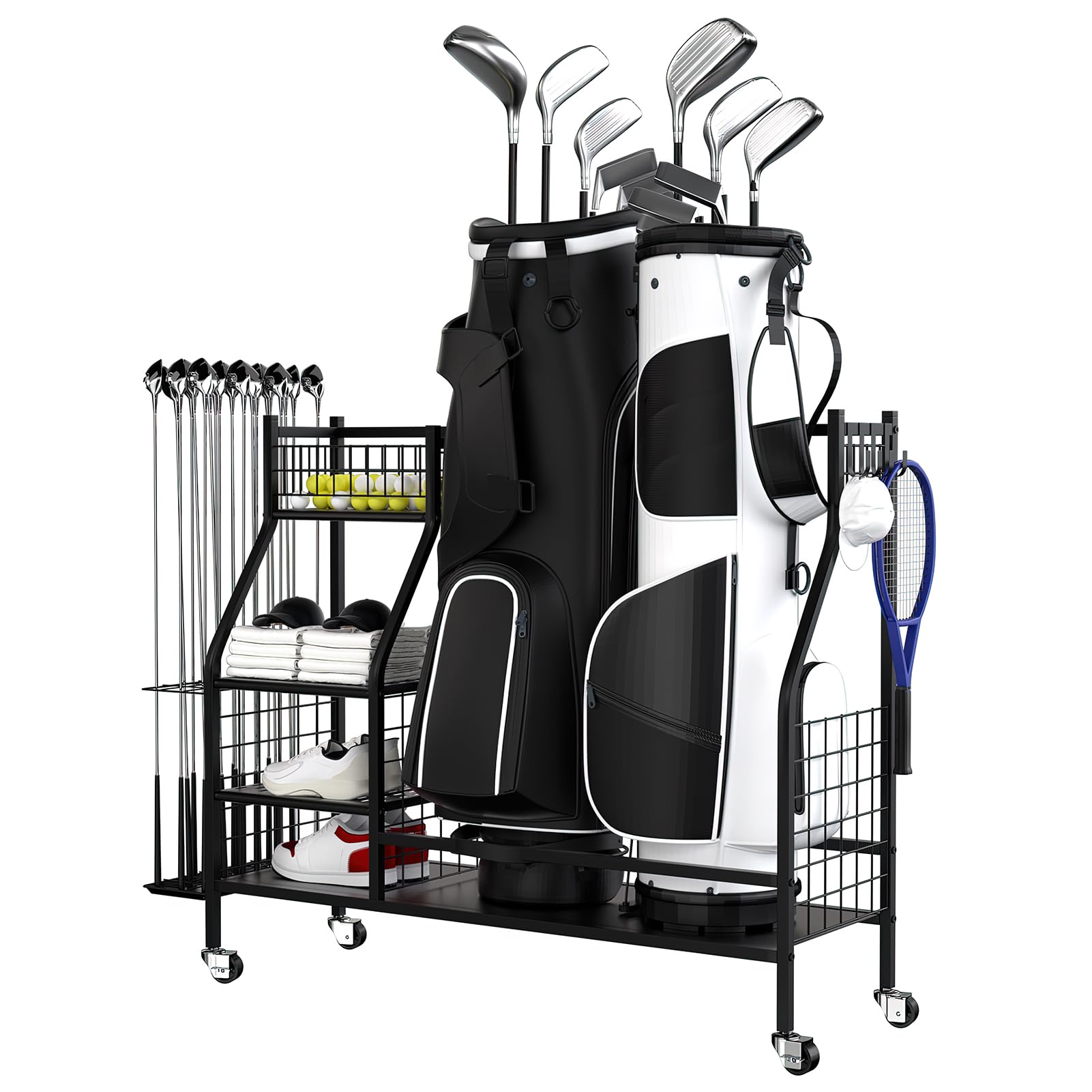 HoneySky Golf Storage Organizer for Garage, Double Golf Bag Stand Storage Rack with Lockable Wheels, Extra Large Golf Organizer for Golf Clubs and Golf Accessories, Ideal Gifts for Golfer