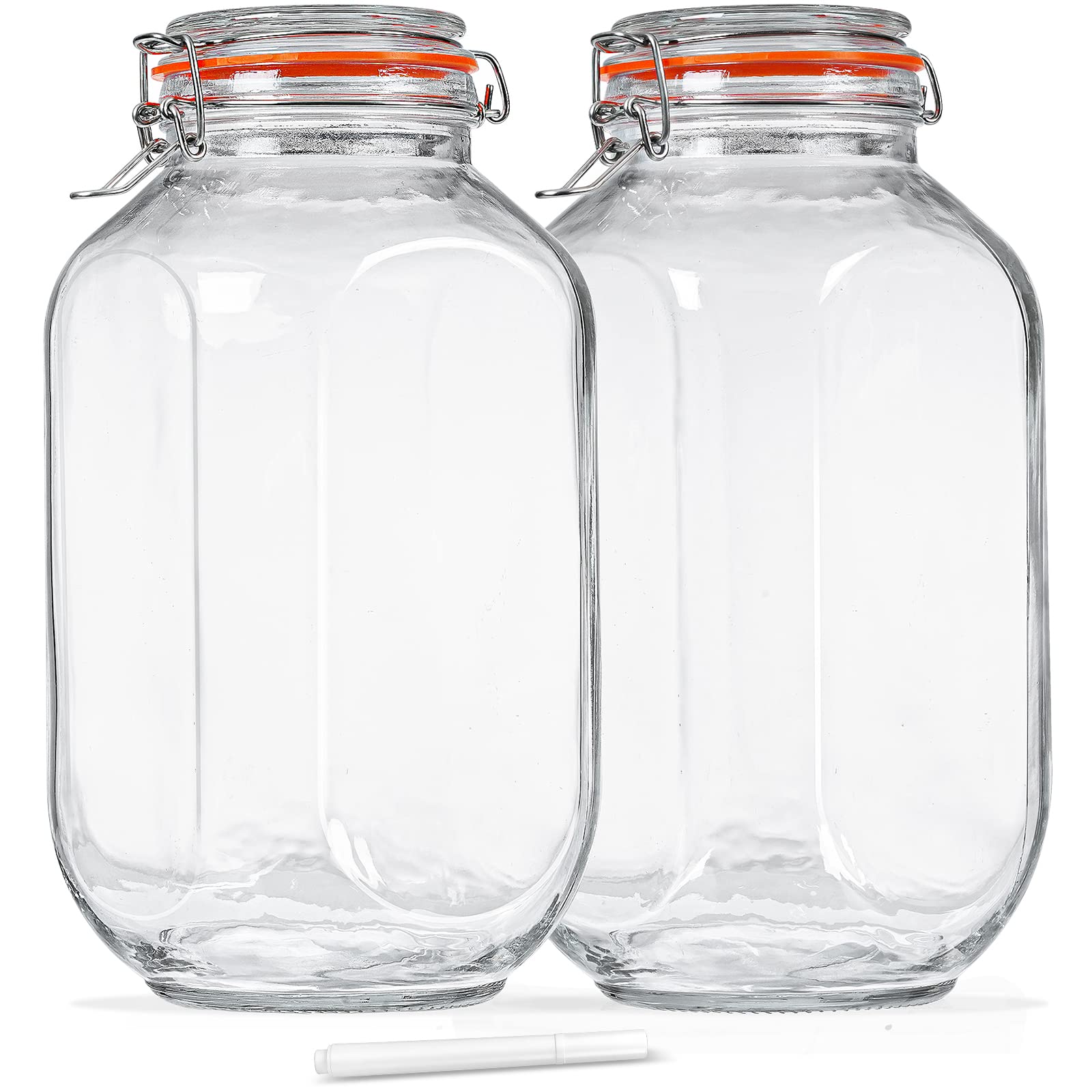 1 Gallon Square Glass Storage Jars with Airtight Lids, 2 Pack Large Glass Pickle Jars for Fermenting, Clear Glass Canister for Flour, Cookie, Candy, Kombucha, Sun tea(Extra Label, Pen and Gasket)