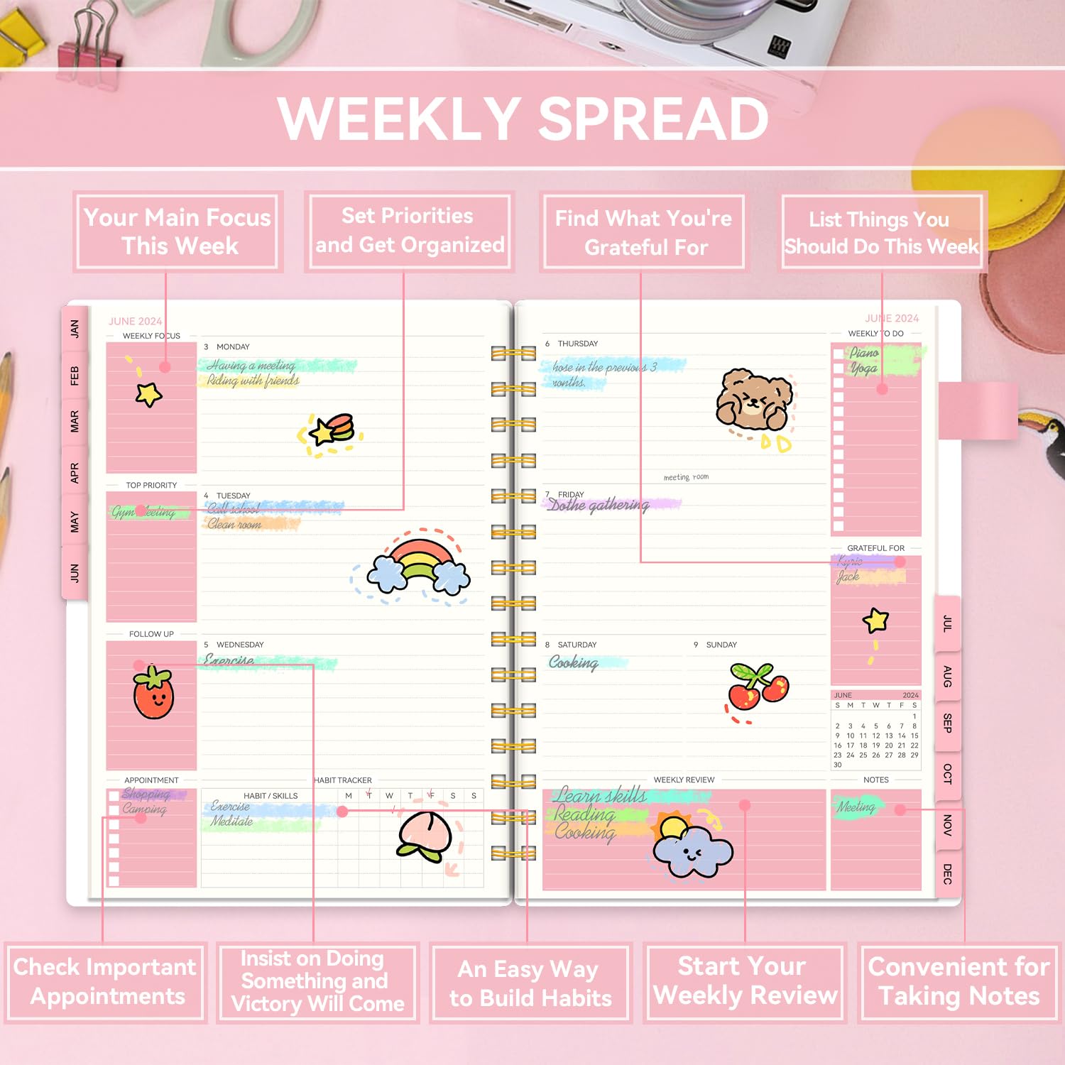 2023 Weekly & Monthly Planner, Jan. 2023 - Dec. 2023, AIMPEAK Weekly Planner 2023 with Tabs, Calendar Planner with Inner Pocket, Pen Loop, Flexible Cover,Spiral Binding, Pink(7"x10")