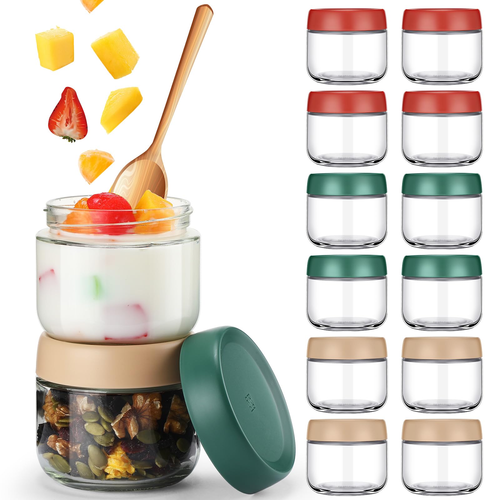 Tioncy 12 Pcs 10 oz Glass Jars with Lids Glass Overnight Oats Jars Clear Wide Mouth Airtight Small Glass Containers Reusable for Food Spice Fruit Sauce Cereal Snacks Storage, 3 Colors