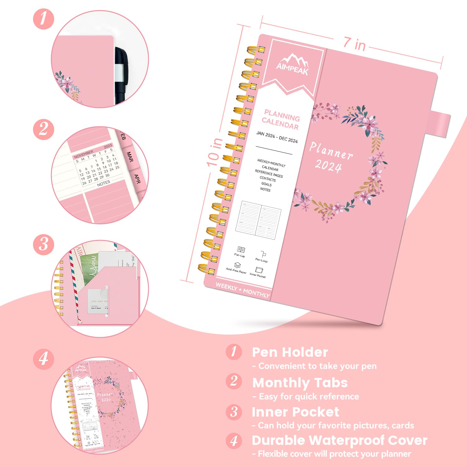 2023 Weekly & Monthly Planner, Jan. 2023 - Dec. 2023, AIMPEAK Weekly Planner 2023 with Tabs, Calendar Planner with Inner Pocket, Pen Loop, Flexible Cover,Spiral Binding, Pink(7"x10")