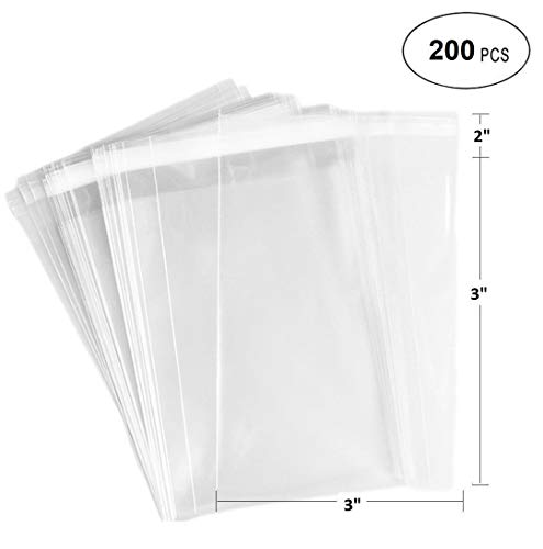 200 Pack 3" x 3" clear resealable cellophane bags - 1.4 MIL thick glossy self seal cello bag for gifts, food, soap, candles and bakery goods