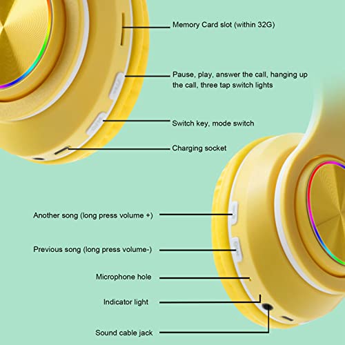 Cryfokt Noise Reduction Bluetooth Headset for Kids, Foldable Over Ear Headphone Wireless Wired Headphones with Colorful Light for Phone, Laptop, Tablets, Online Learning(Yellow)