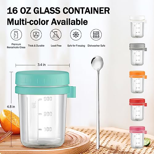 Tekuve Overnight Oats Containers with Lids and Spoon 2 Pack, Glass 16 oz Mason Jars with Airtight Lid for Overnight Oats Meal Prep Chia Yogurt Salad Fruit Red Orange