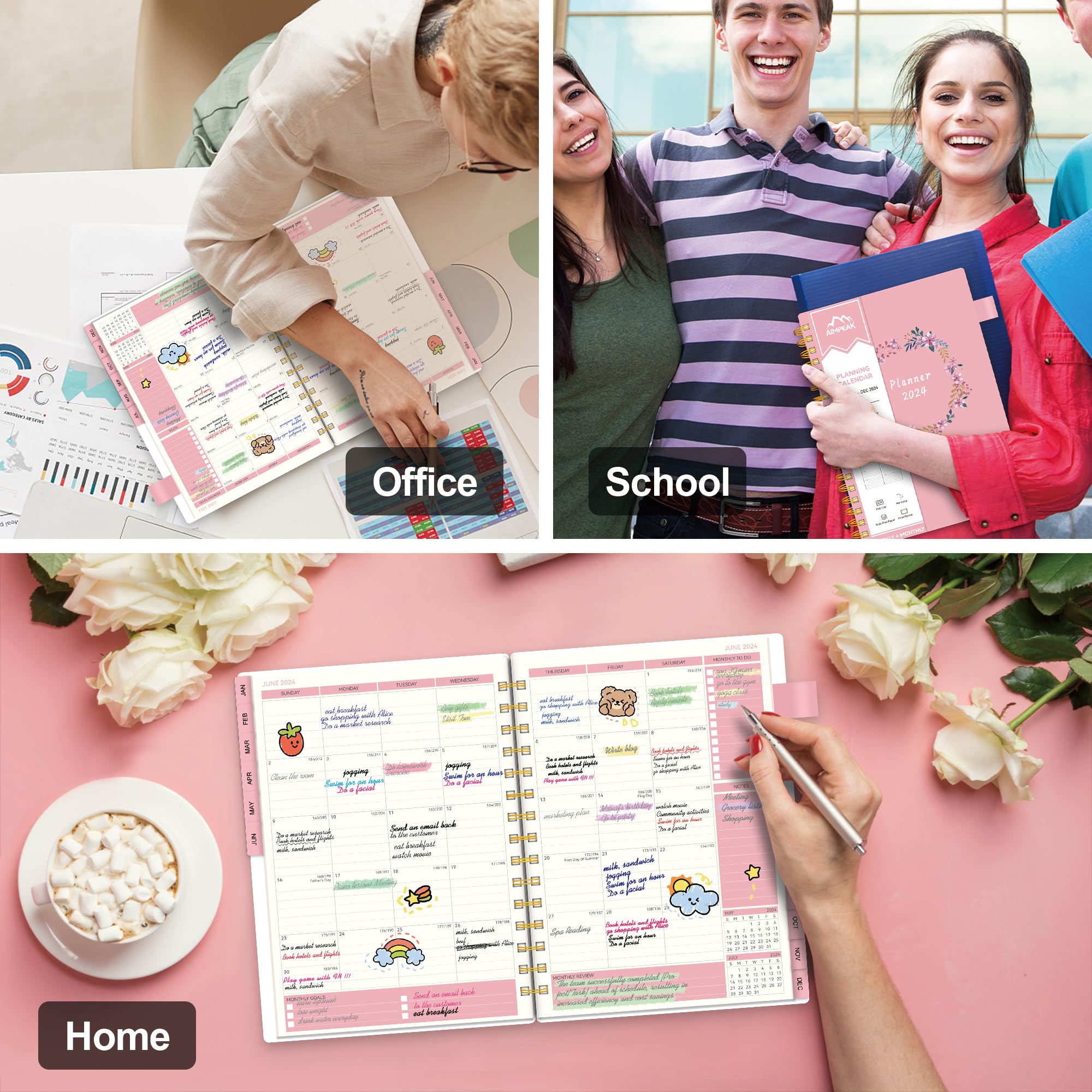 2023 Weekly & Monthly Planner, Jan. 2023 - Dec. 2023, AIMPEAK Weekly Planner 2023 with Tabs, Calendar Planner with Inner Pocket, Pen Loop, Flexible Cover,Spiral Binding, Pink(7"x10")