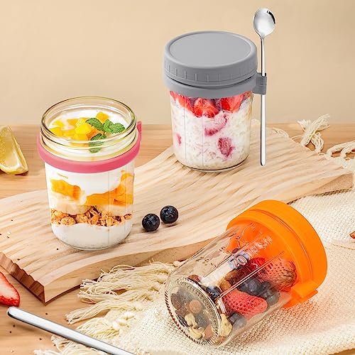 Tekuve Overnight Oats Containers with Lids and Spoon 2 Pack, Glass 16 oz Mason Jars with Airtight Lid for Overnight Oats Meal Prep Chia Yogurt Salad Fruit Red Orange