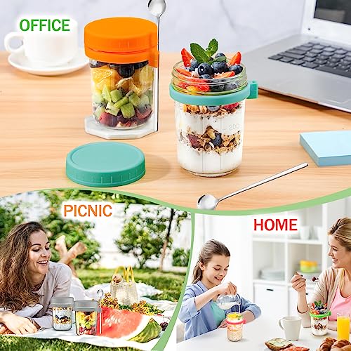 Tekuve Overnight Oats Containers with Lids and Spoon 2 Pack, Glass 16 oz Mason Jars with Airtight Lid for Overnight Oats Meal Prep Chia Yogurt Salad Fruit Red Orange