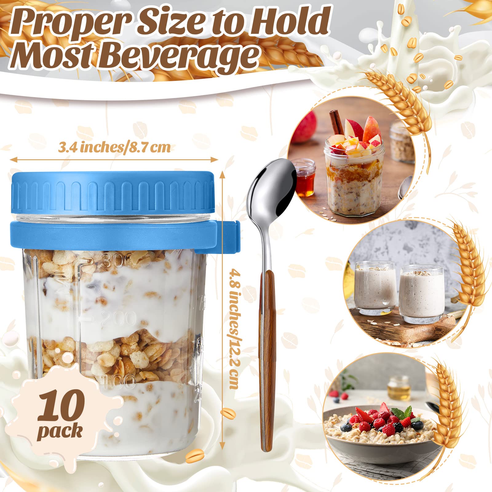Irenare 10 Pack 10 oz Overnight Oats Containers with Lids and Spoons, Glass Airtight Oatmeal Overnight Oat Jars with Measurement Marks Airtight Jars for Milk Cereal Fruit (Blue)