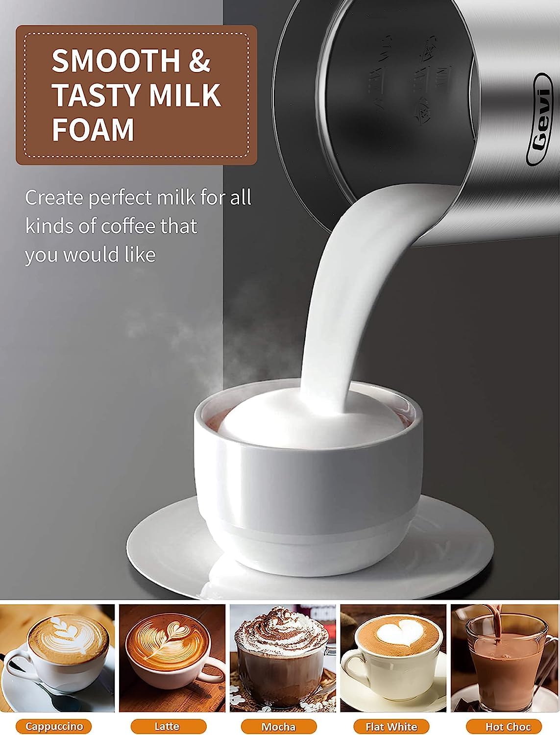 Gevi Milk Frother, 4 in 1 Stainless Steel Electric 10.1 oz/2.5 oz Automatic Cold and Hot Milk Foam Maker & Milk, Chocolate Warmer for Macchiato, Cappuccino, Hot Chocolates, Latte, 500W, 120V, Silver