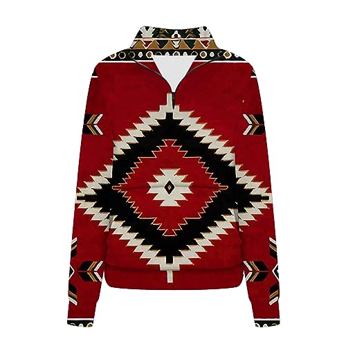 JDHUFEI Classroom Deals Womens Half Zip Hoodies Oversized Sweatshirt Loose Fit Western Ethnic Print Pullover Long Sleeve Tops with Pockets