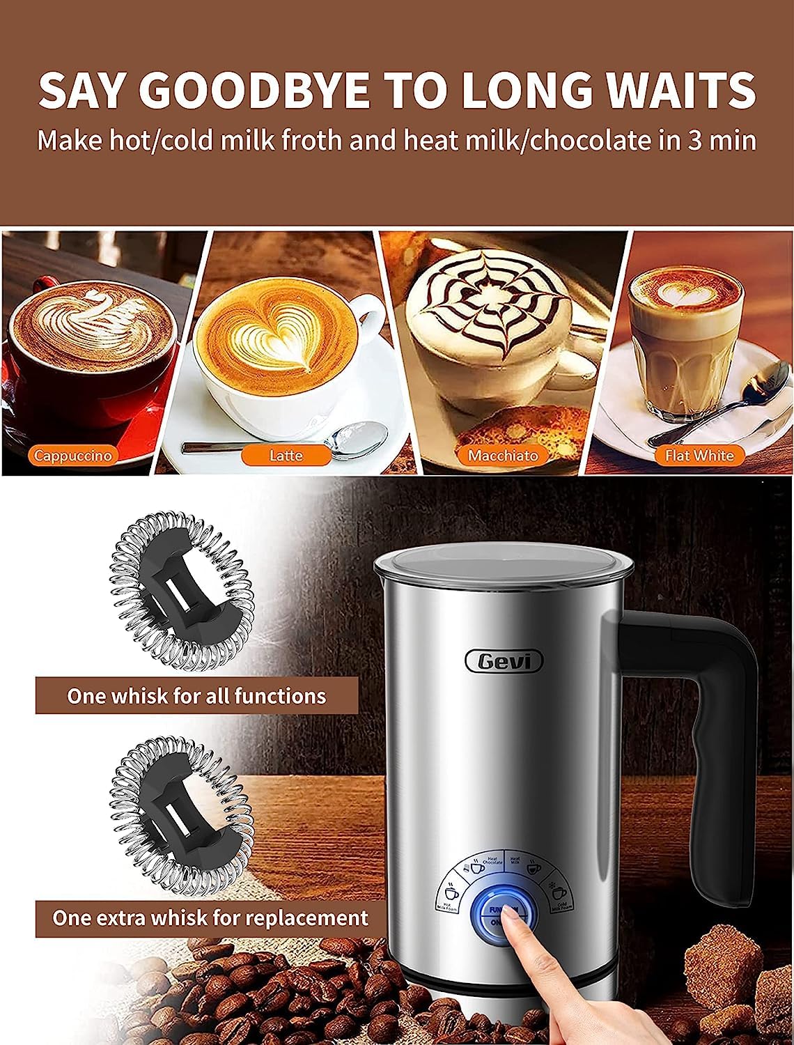 Gevi Milk Frother, 4 in 1 Stainless Steel Electric 10.1 oz/2.5 oz Automatic Cold and Hot Milk Foam Maker & Milk, Chocolate Warmer for Macchiato, Cappuccino, Hot Chocolates, Latte, 500W, 120V, Silver