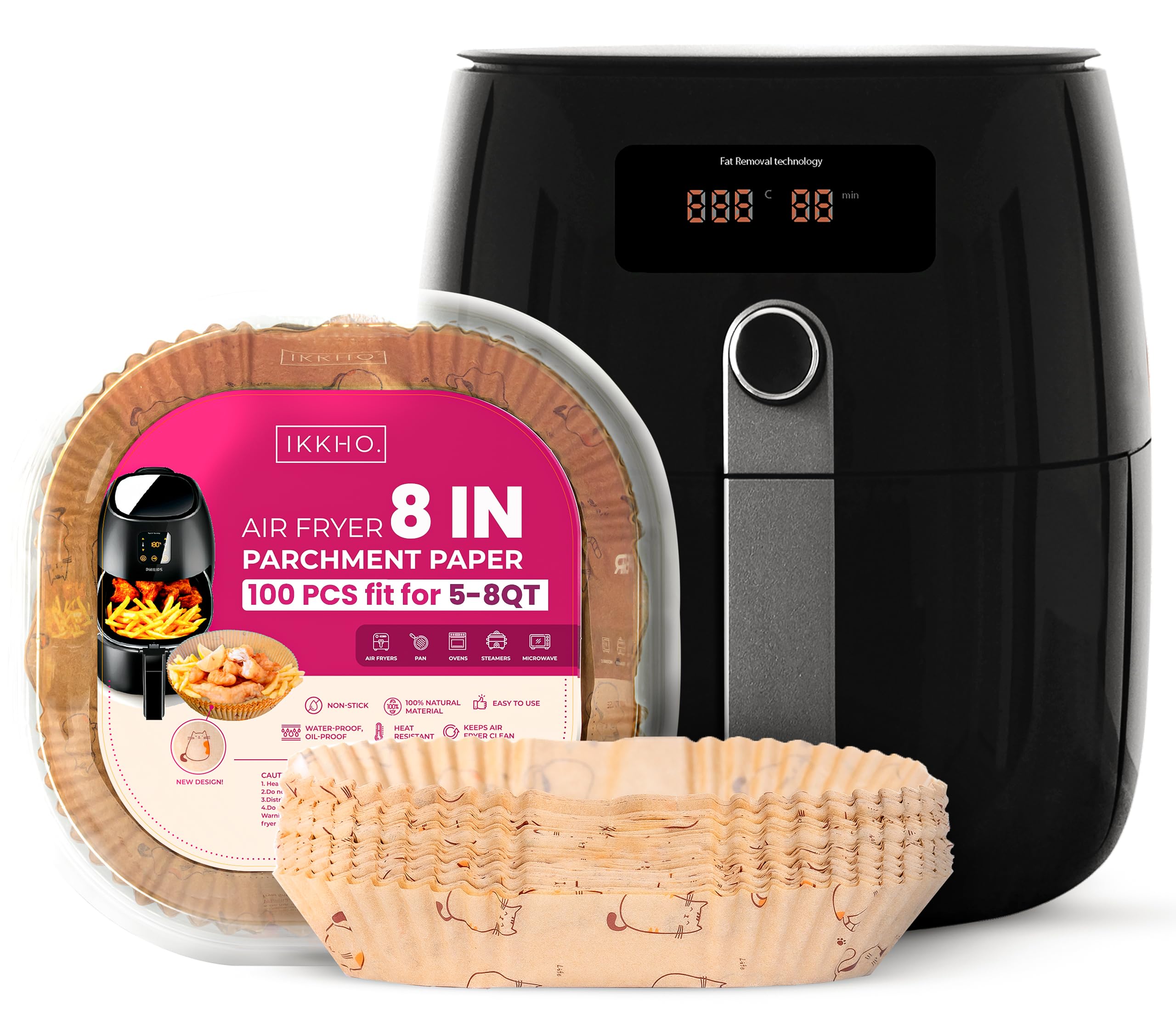 Air Fryer Disposable Paper Liner with Design | 100 Pcs Fit for 5 to 8 QT Basket | Non-Stick Oilproof Parchment Sheets for Microwave | 8” Square