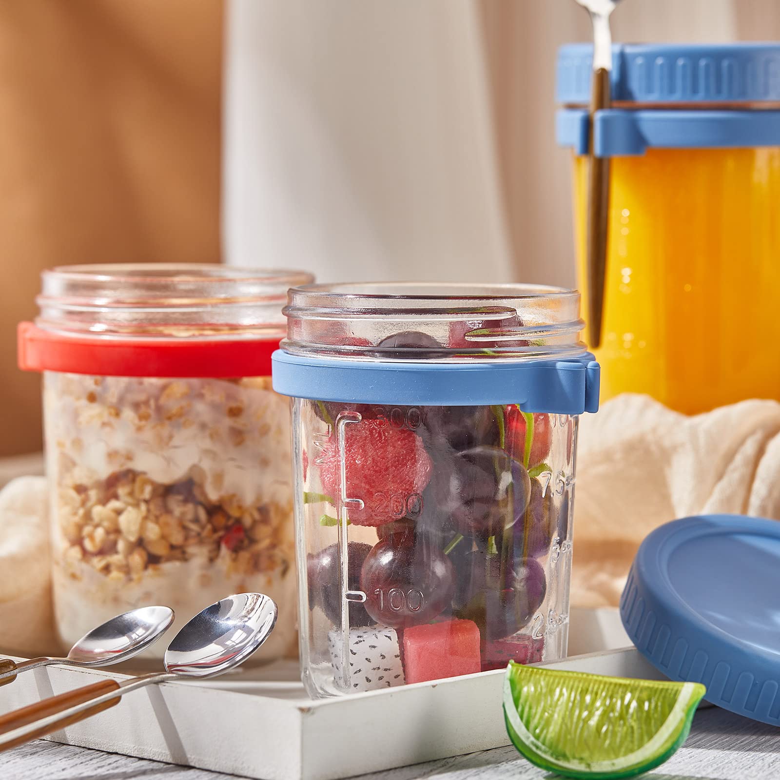 Irenare 10 Pack 10 oz Overnight Oats Containers with Lids and Spoons, Glass Airtight Oatmeal Overnight Oat Jars with Measurement Marks Airtight Jars for Milk Cereal Fruit (Blue)