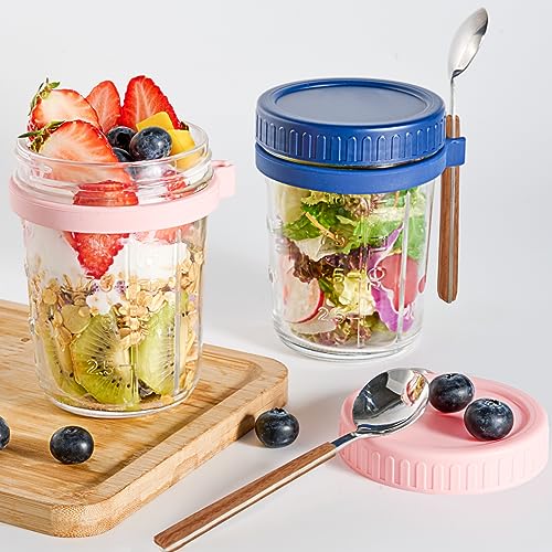Hoa Kinh Overnight Oat Containers with Lids and Spoon 16oz 2Pack Glass Mason Jars for Overnight Oats, Cereal, Milk, Vegetable and Fruit Salad, Airtight Jars with Two Measurement Marks(Pink and Blue)