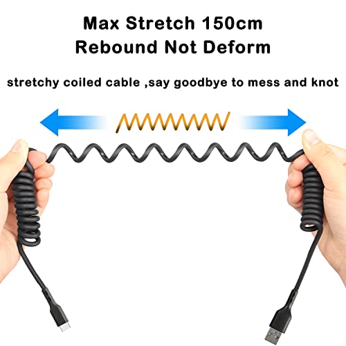 GELRHONR Retractable USB Type C Cable,Coiled USB A to USB C (3A 60W) Fast Charging and Data Cable for S10,S20,S22,Note 10 9, Pixel 4XL,Switch,OnePlus 5,Other USB C Device - Black/(Max 1.5M/4.9Ft)
