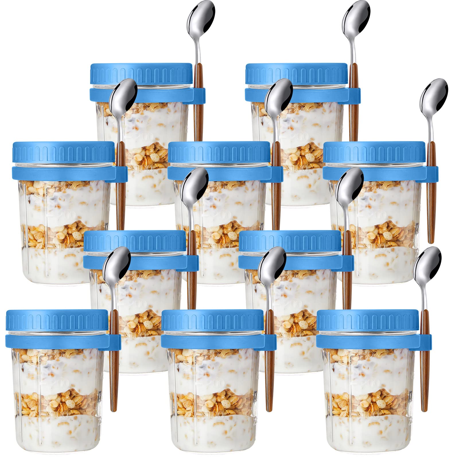 Irenare 10 Pack 10 oz Overnight Oats Containers with Lids and Spoons, Glass Airtight Oatmeal Overnight Oat Jars with Measurement Marks Airtight Jars for Milk Cereal Fruit (Blue)