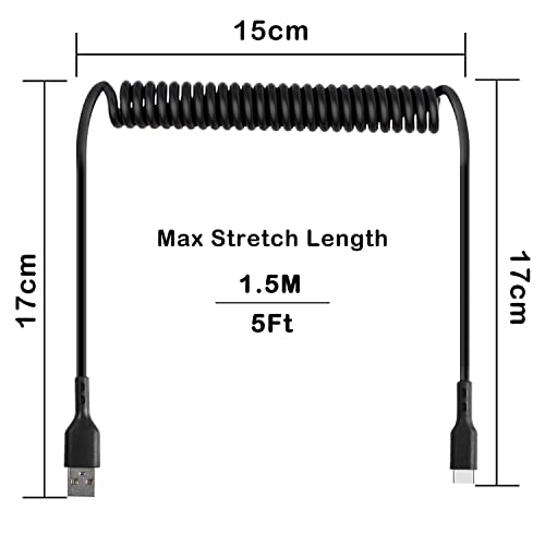 GELRHONR Retractable USB Type C Cable,Coiled USB A to USB C (3A 60W) Fast Charging and Data Cable for S10,S20,S22,Note 10 9, Pixel 4XL,Switch,OnePlus 5,Other USB C Device - Black/(Max 1.5M/4.9Ft)