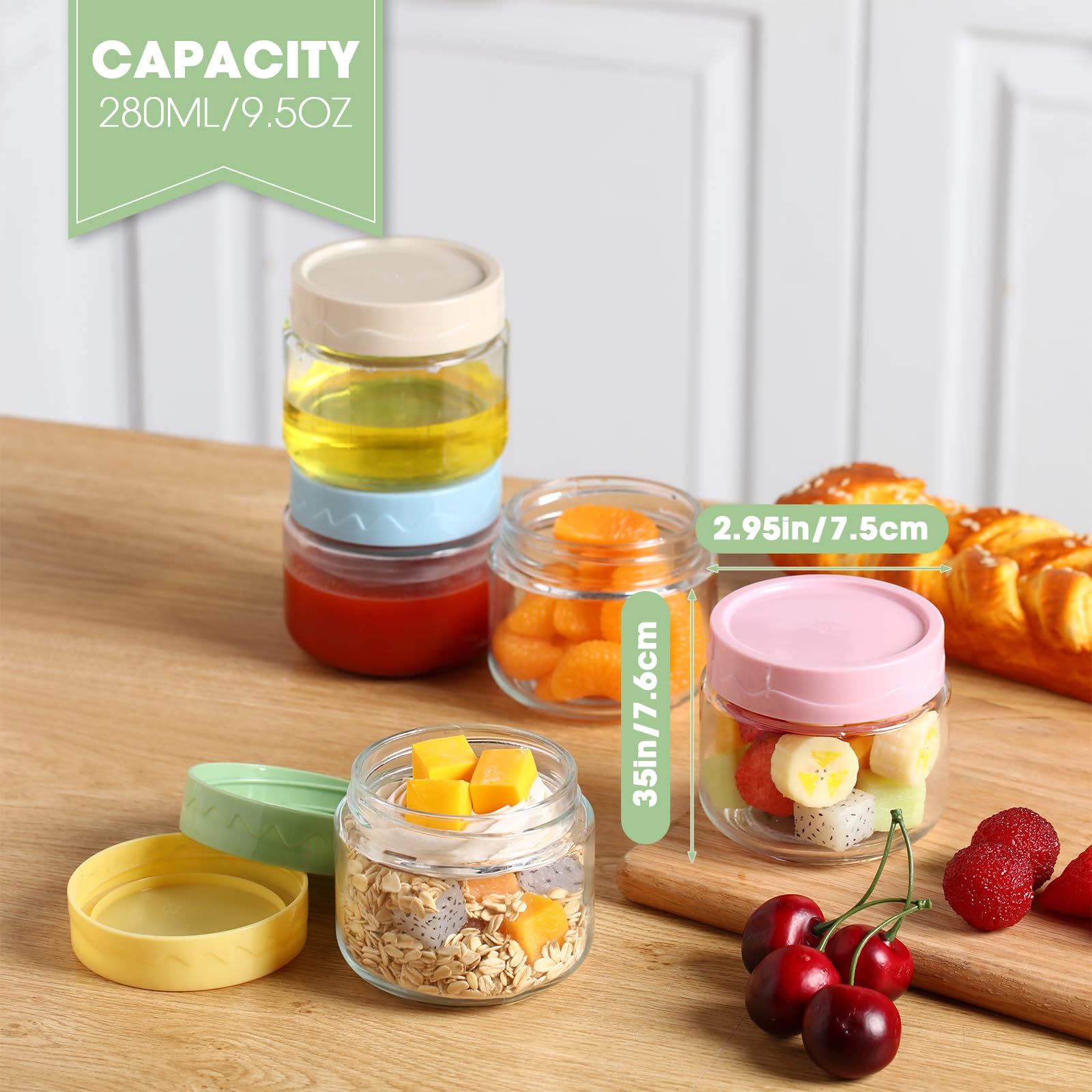 Layhit 9 Pcs Overnight Oats Jars 9.5 oz Glass Jar with Screw Lid Leak Proof Overnight Oats Container Salad Dressing Storage Jars Reusable Food Jars for Condiment Sauce Spice Sugar Yogurt, 5 Colors