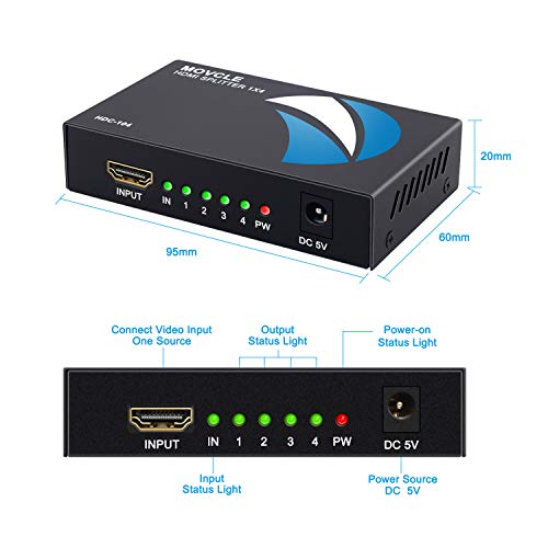 HDMI Splitter 1 in 4 Out 1x4 Ports v1.4 Powered 4K/2K Full Ultra HD 1080p US Adapter 3D Support