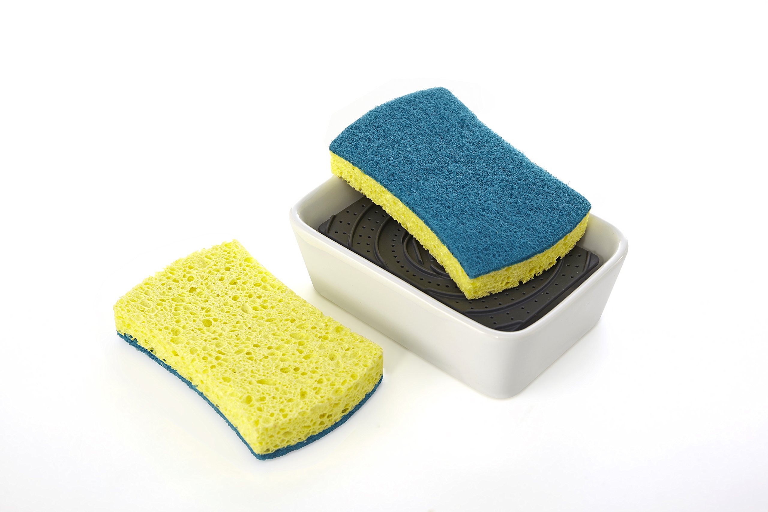Full Circle Bubble Up Ceramic Soap Dispenser & Scrubber Sponge Set, White