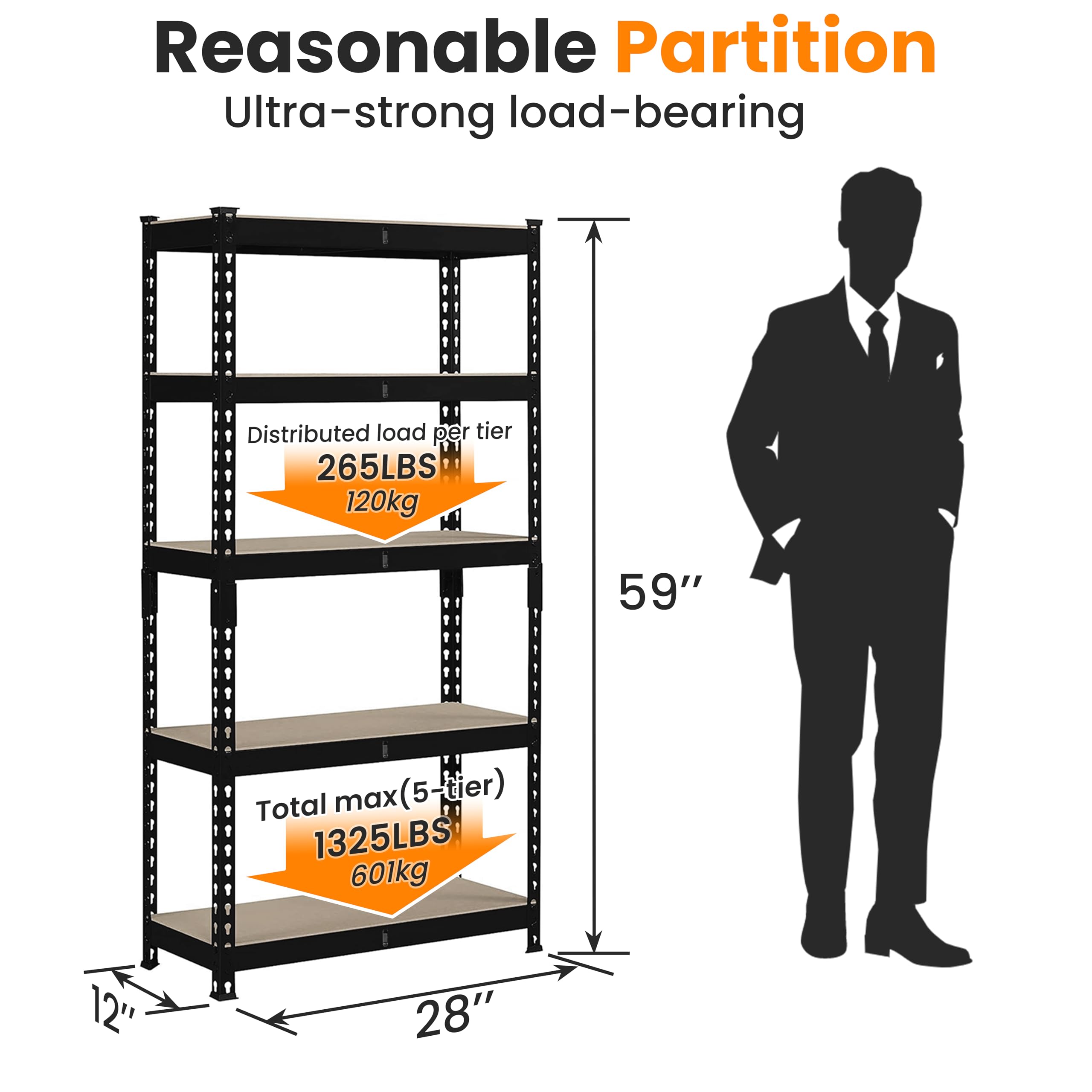 STRENGLEE 5-Tier Storage Rack Metal Shelving, Durable MDF, Adjustable, Heavy Duty, Garage & Warehouse Storage, 28x12x59 Inches, 265 lbs/Level