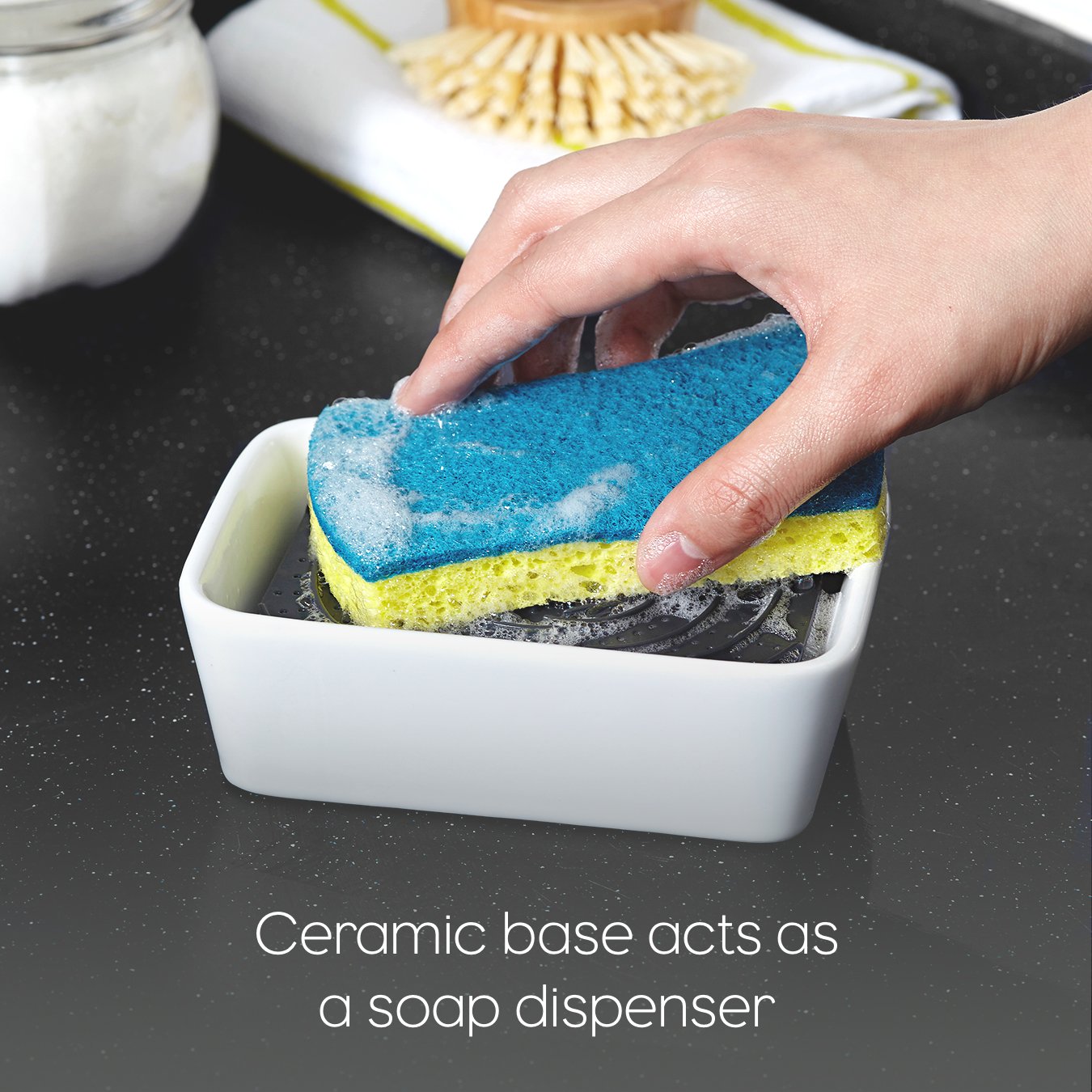 Full Circle Bubble Up Ceramic Soap Dispenser & Scrubber Sponge Set, White