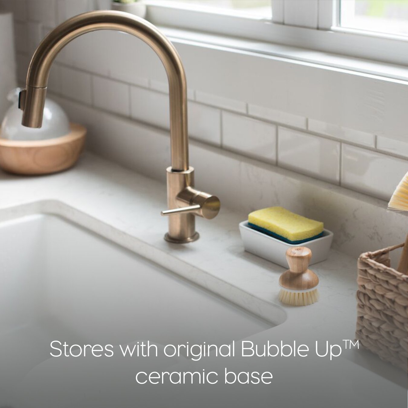 Full Circle Bubble Up Ceramic Soap Dispenser & Scrubber Sponge Set, White