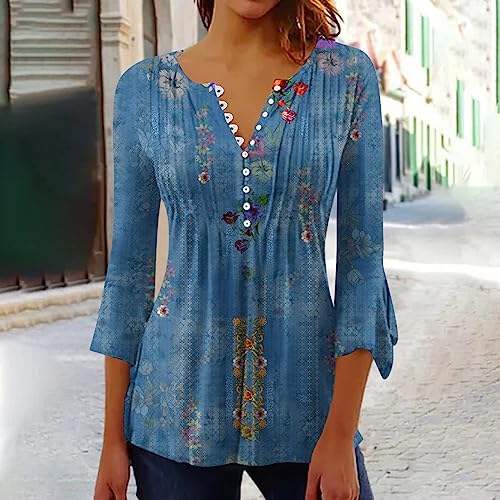 JDHUFEI Womens Shirts Summer 2023 Casual Print V-Neck Tshirts Linen Button Tunic Tops Boho Floral Fold Ladies Blouse Tees
