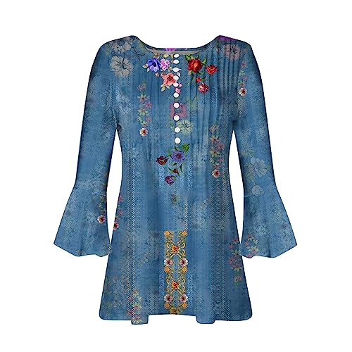 JDHUFEI Womens Shirts Summer 2023 Casual Print V-Neck Tshirts Linen Button Tunic Tops Boho Floral Fold Ladies Blouse Tees